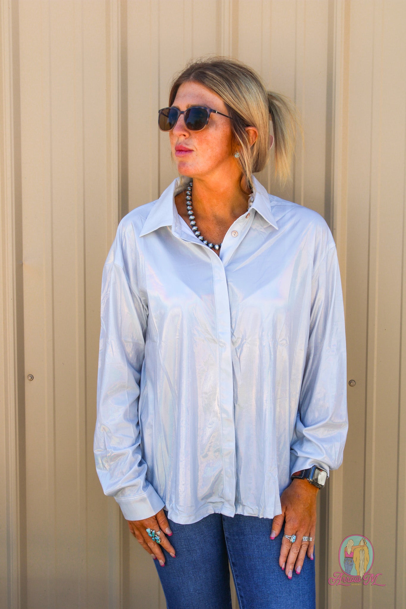 Shimmery Button Down--Silver – Arrow M Apparel